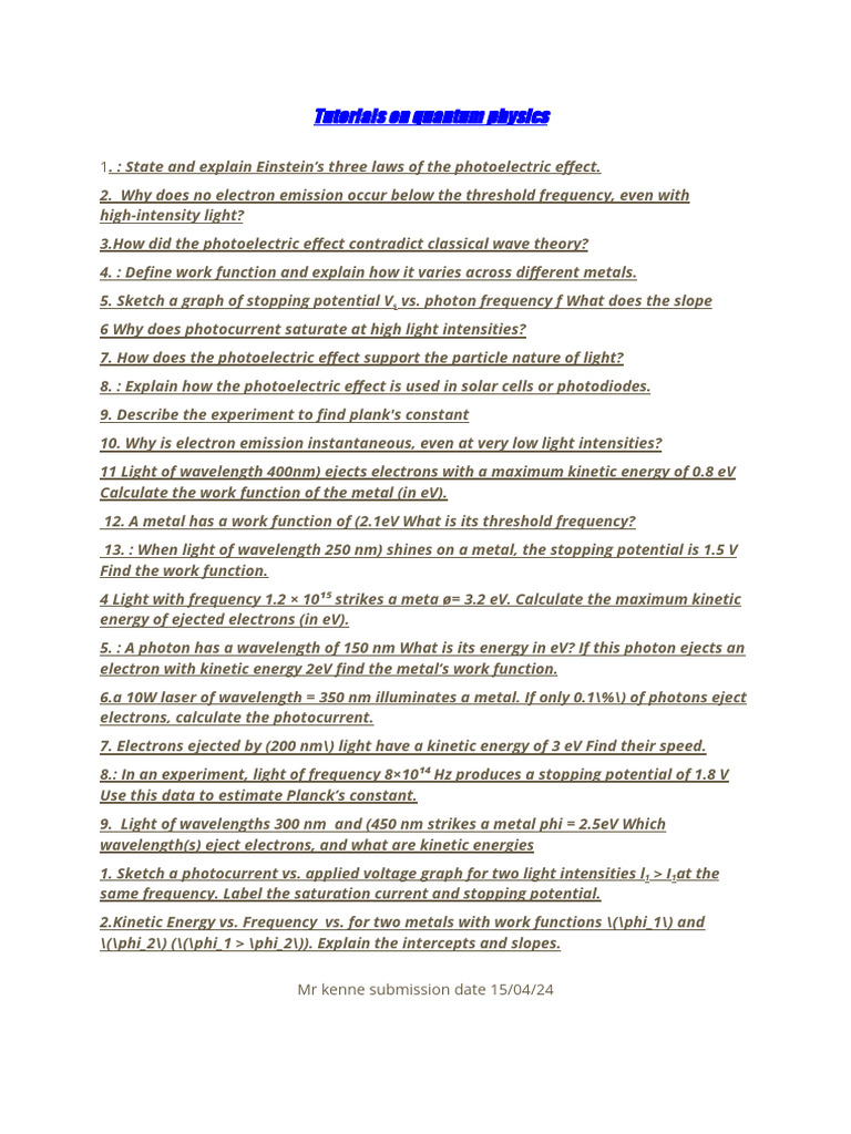 Quantum Physics by Mr Kenne Pdf_250311_221102 (1) | PDF | Photoelectric Effect | Light