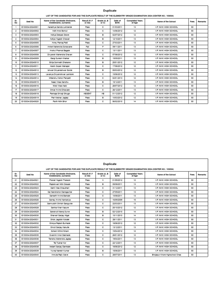 2024 Elementary Exam Results List | PDF