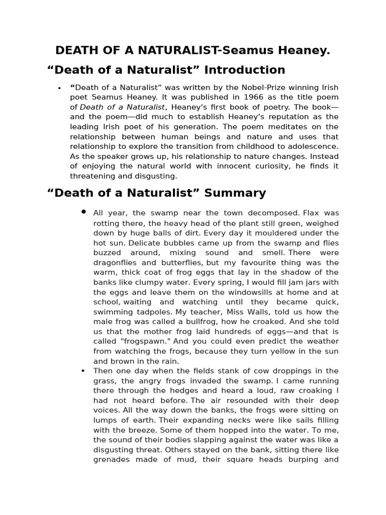 Heaney's "Death of a Naturalist" Analysis | PDF | Frog