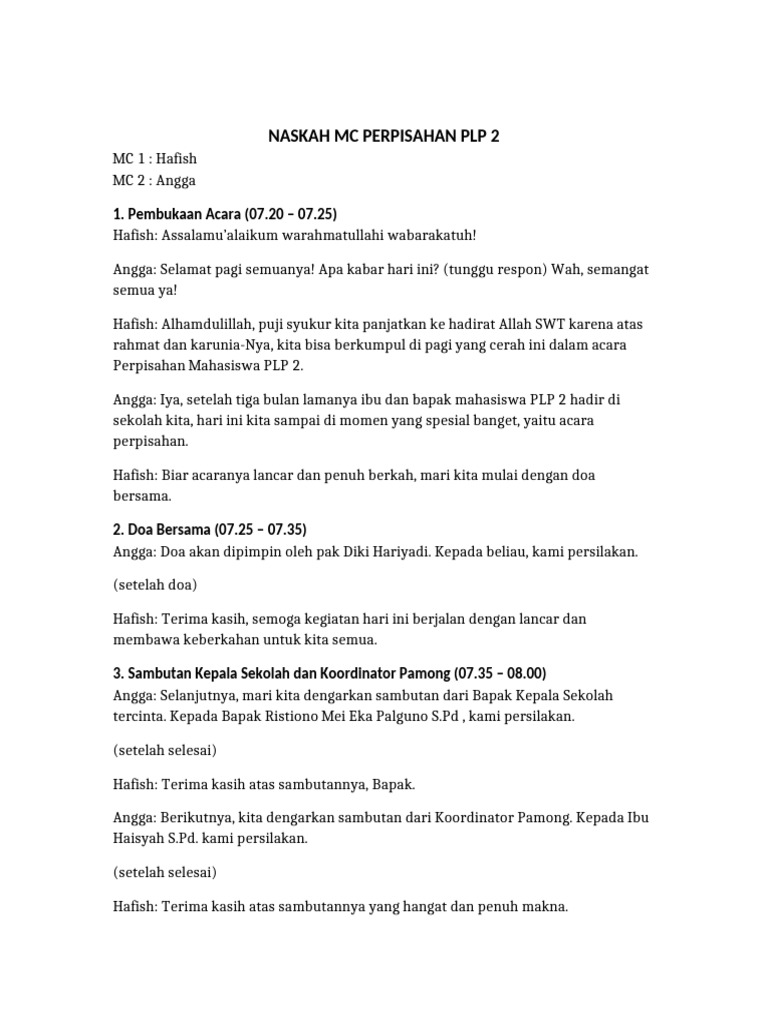 Naskah MC Perpiahan PLP2 Hafish Angga | PDF