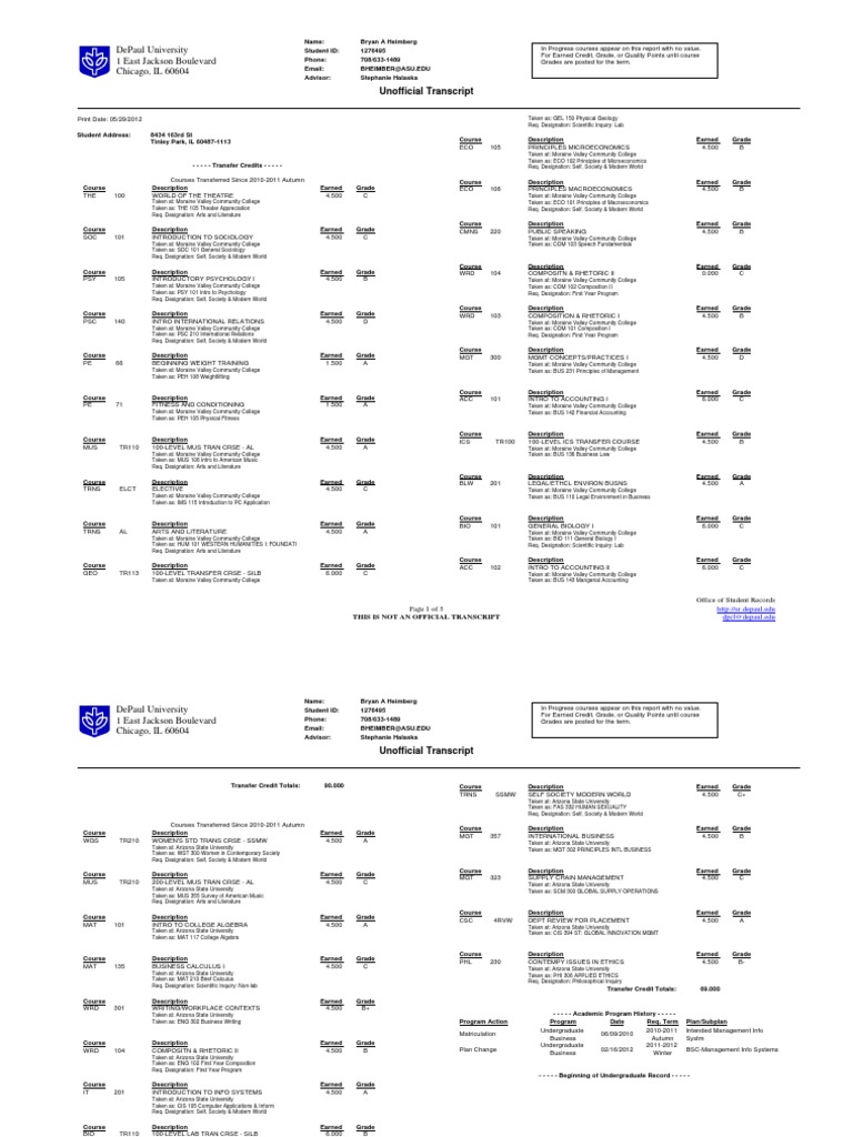 Bryan Heimberg's DePaul Transcripts | PDF | Grading (Education ...
