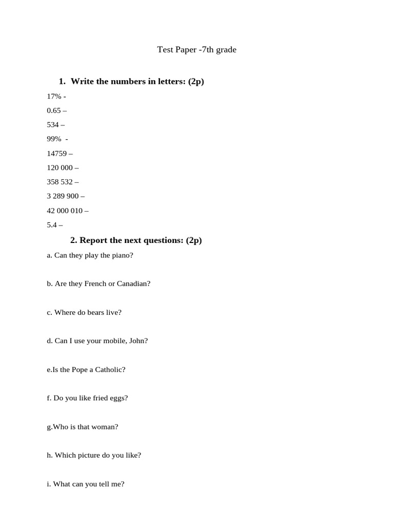 7th Grade Test Paper: Math & English Skills | PDF