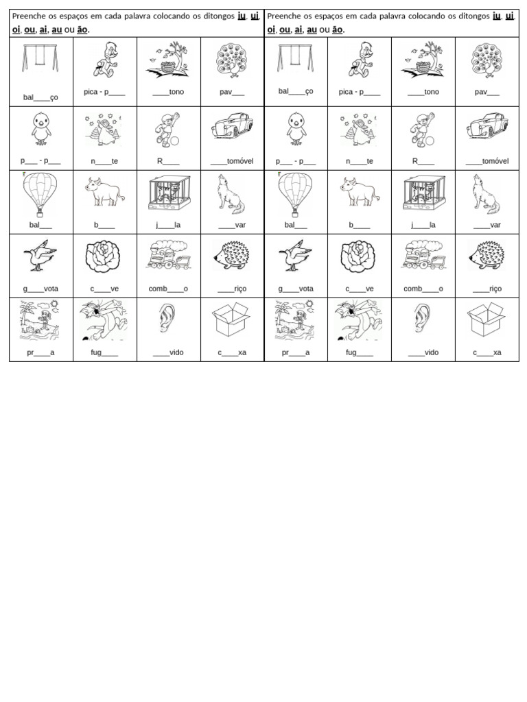 Quadro Preenche Ditongos (Iu, Ui, Oi, Ou, Ai, Au, Ão) | PDF