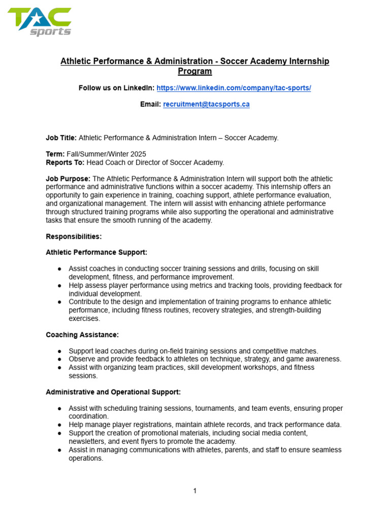 Athletic Performance Administration - Soccer Academy Internship Program ...