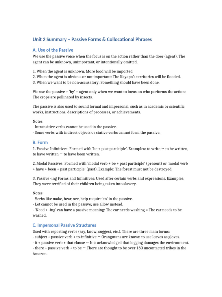 Unit 2 Passive Forms Summary | PDF | Verb | Semantics