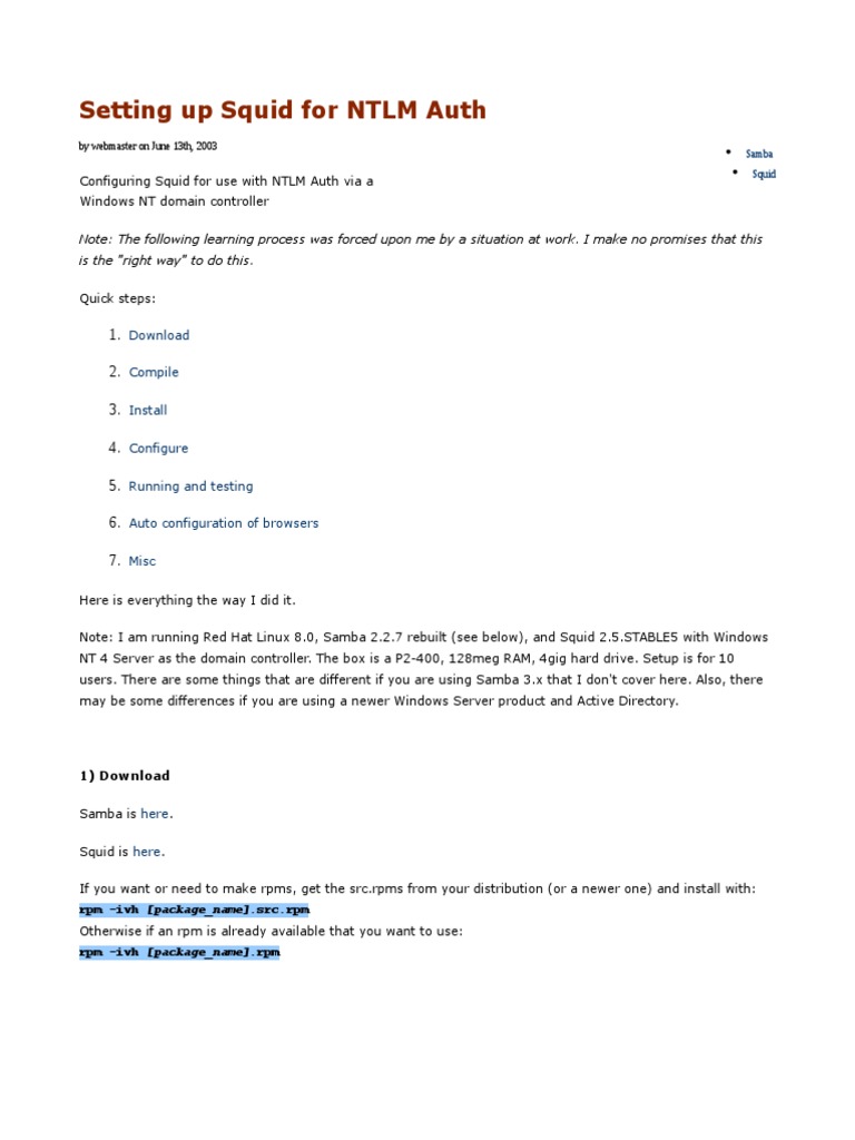 Setting Up Squid For NTLM Auth | PDF | Proxy Server | Internet Architecture