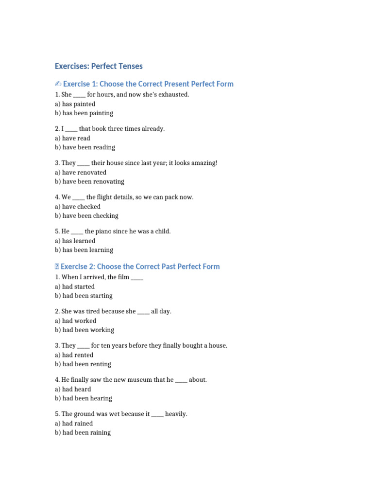 Perfect Tenses Exercises | PDF