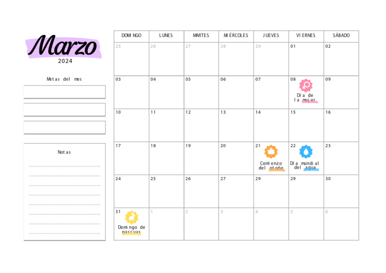 Calendario Planificado Mes de Marzo 2024 Simple Blanco | PDF