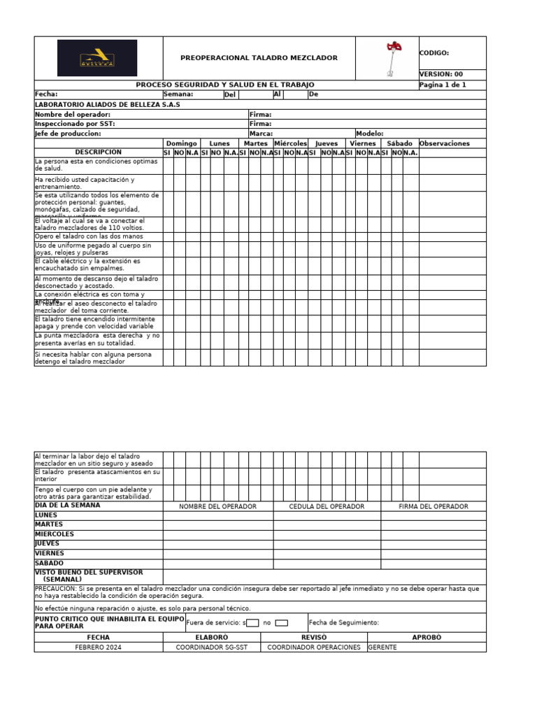 Formato Inspeccion Taladro Mezclador Aliados | PDF | Electricidad