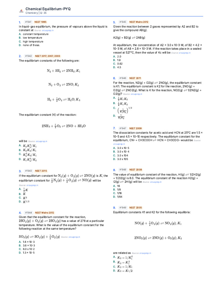 Chemical Equilibrium-NEET UG 37 YEARS PYQ — OrcusPrep.in | PDF | Chemical Equilibrium ...