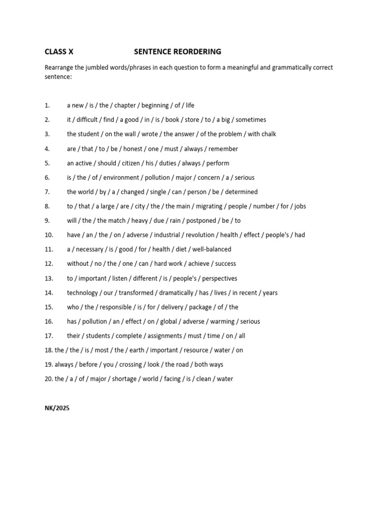 Class X Sentence Reordering | PDF