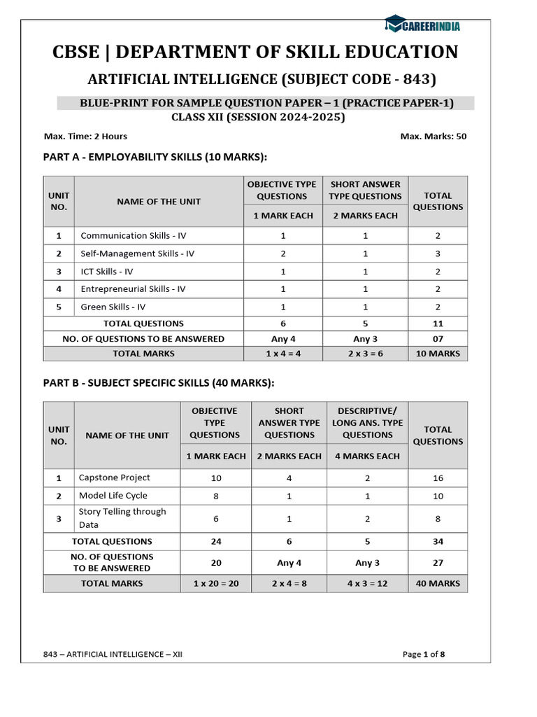 CBSE Class 12 Artificial Intelligence Sample Question Paper 2025 | PDF ...