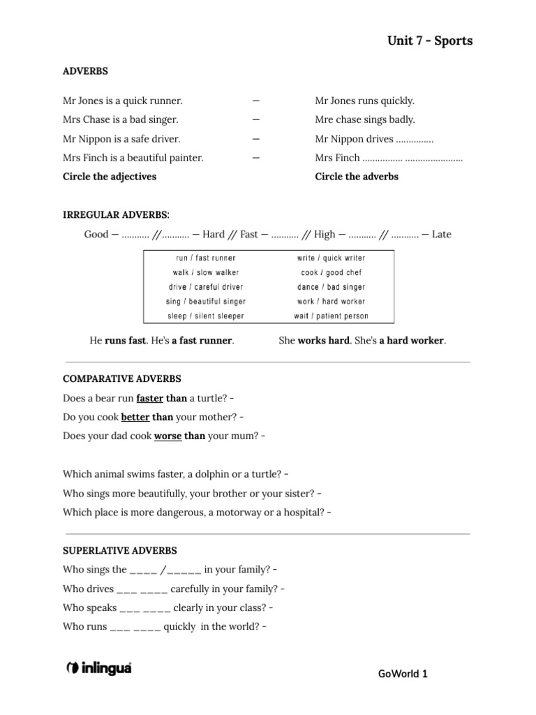 Unit 7 - Worksheet - GoWorld 1 | PDF