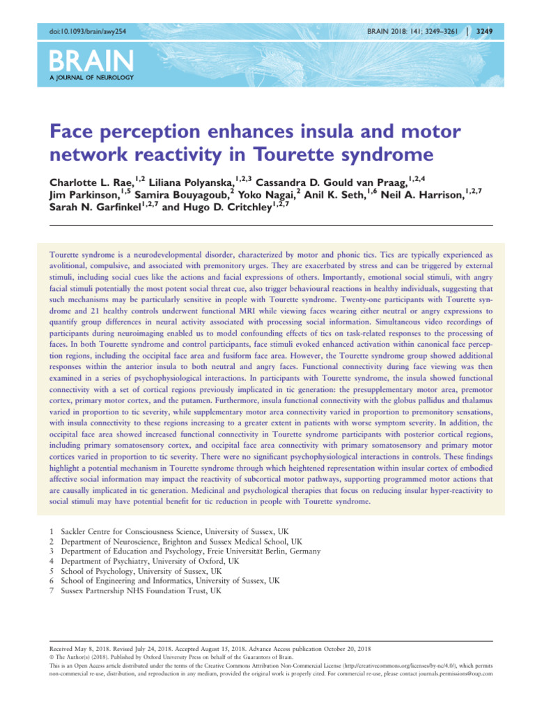 Charlotte L. Rae Face Percpetion | PDF | Tourette Syndrome | Insular Cortex