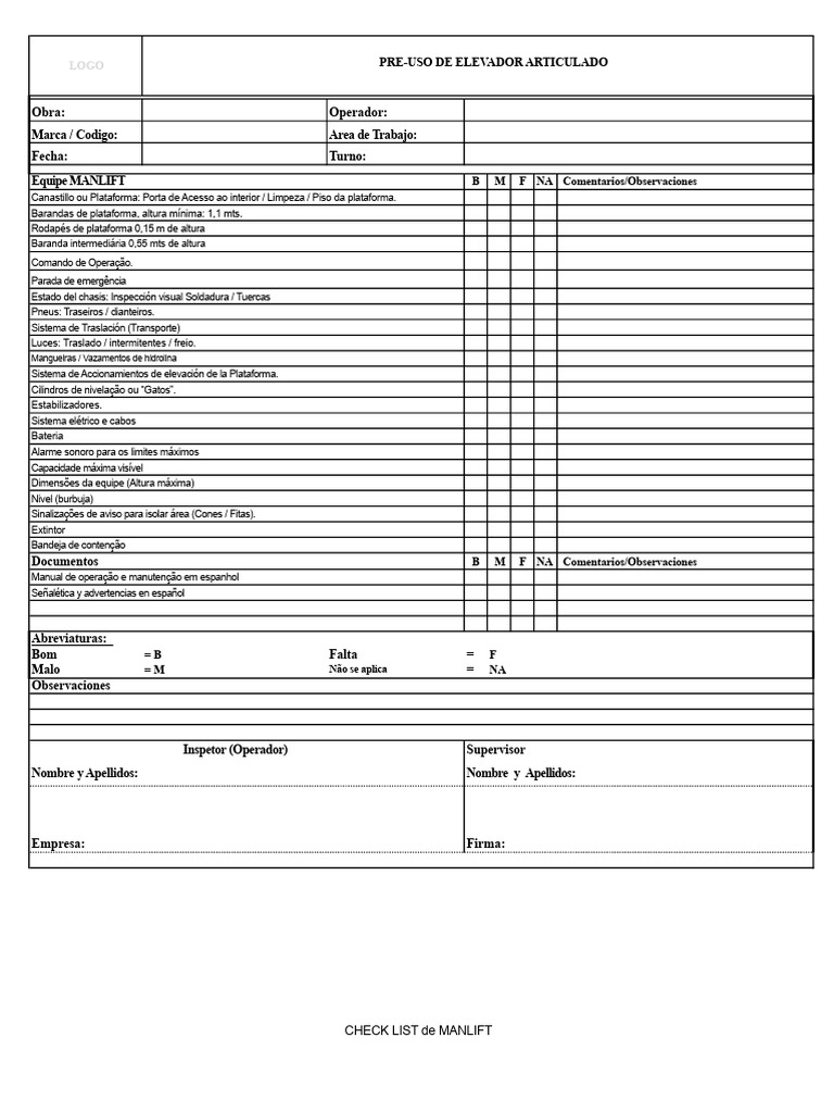 Checklist Pré-uso Elevador Articulado | PDF