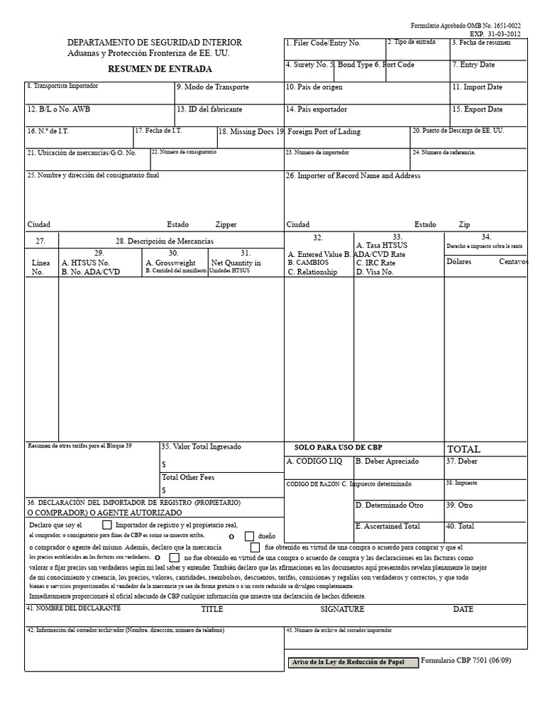 Formulario de Aduanas de EE. UU.: Formulario CBP 7501 - Instrucciones ...