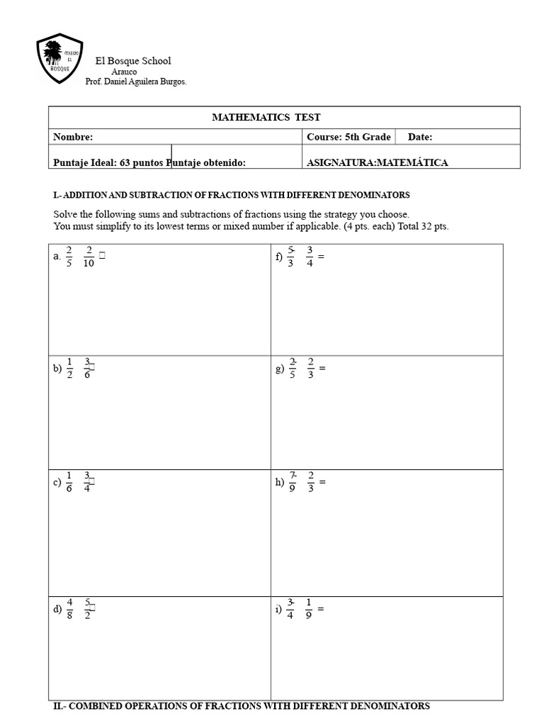 5th Grade Math Test: Fractions | PDF
