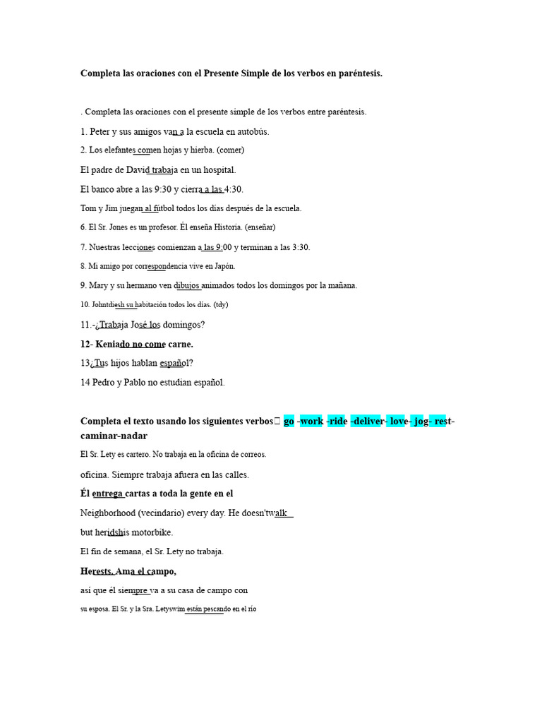 Ejercicios de Presente Simple en Inglés | PDF