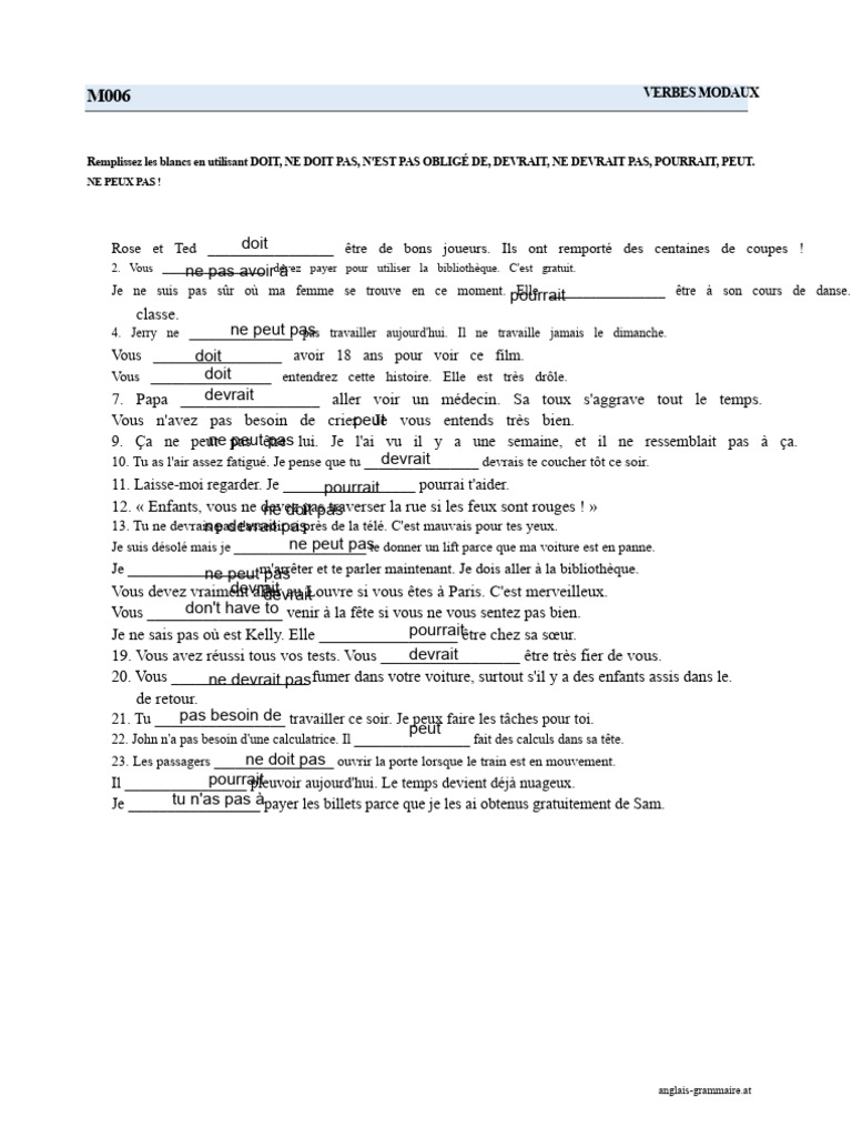 Exercices sur les verbes modaux en français | PDF