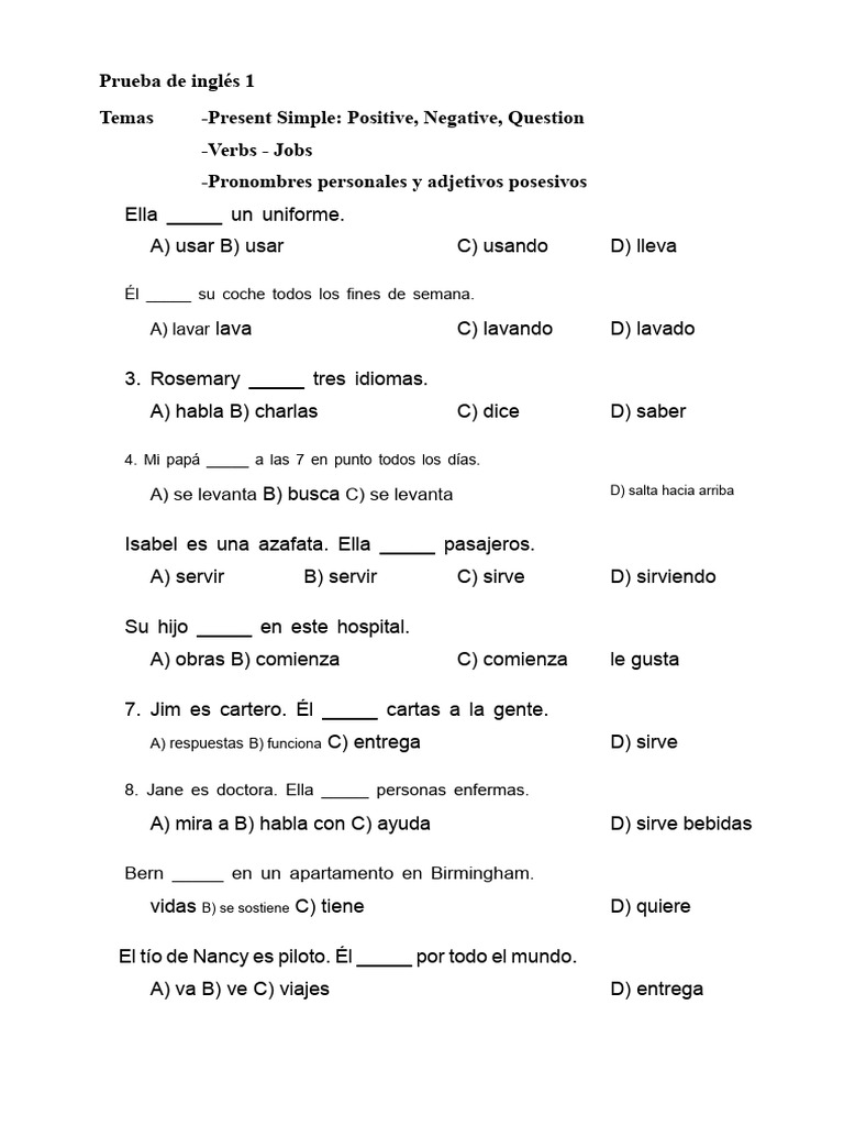 Prueba de inglés: gramática y vocabulario | PDF | Lingüística | Sintaxis
