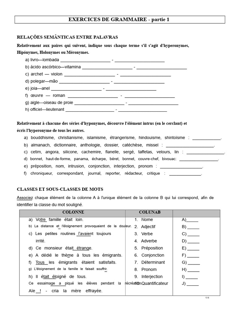 Exercices de grammaire : relations et classes de mots | PDF | Phrase ...
