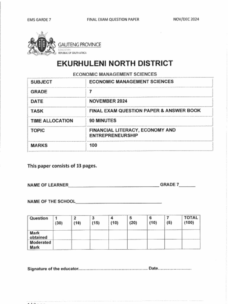 EMSTestpaper Grade 7 Nov 2024 | PDF