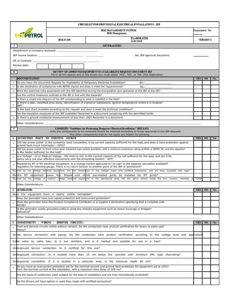 Provisional Electrical Installation Checklist | PDF | Electrical Wiring ...