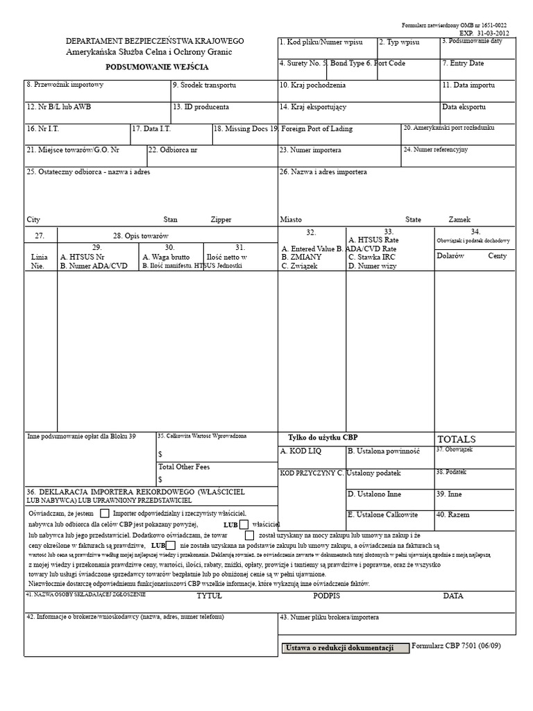 Formularz Celny USA: Formularz CBP 7501 - Instrukcje | PDF