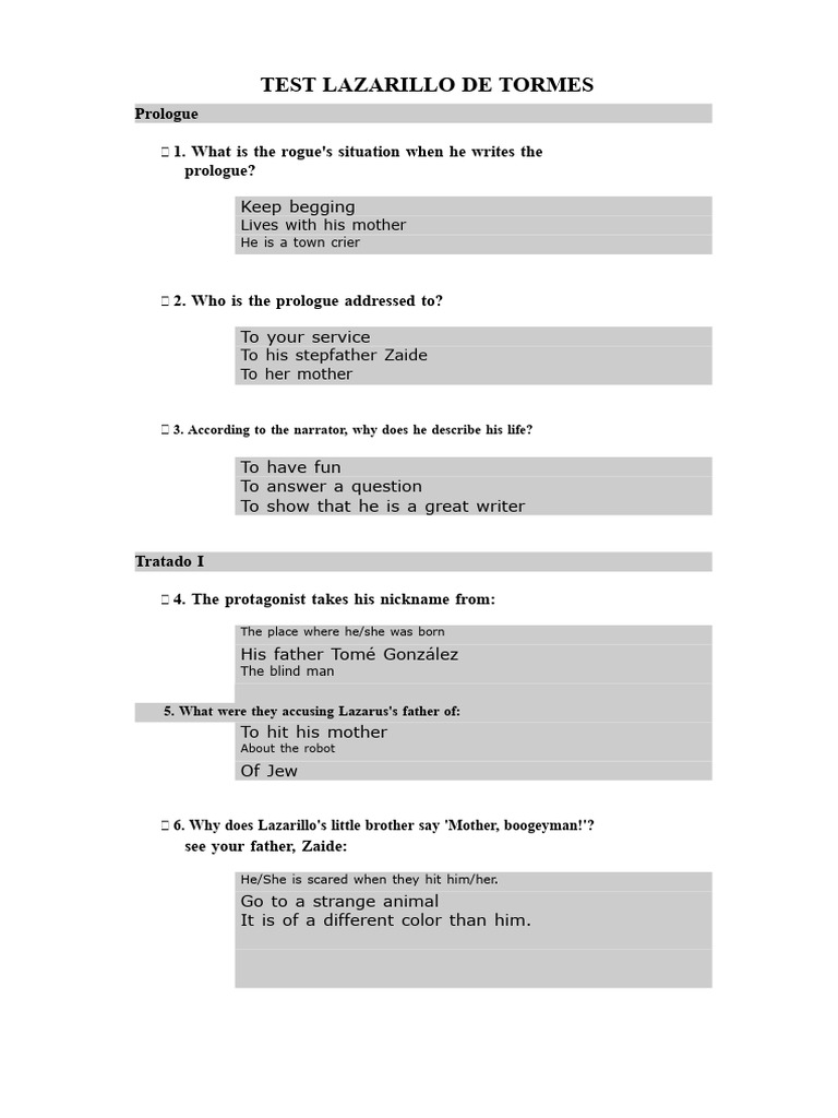 TEST Lazarillo de Tormes | PDF