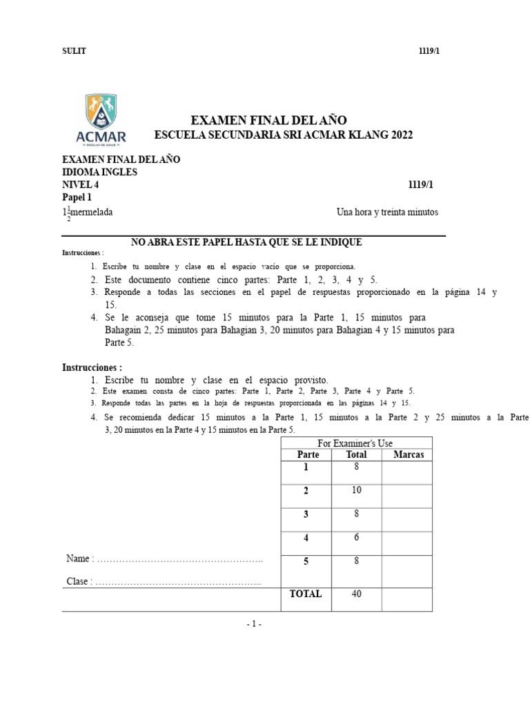 Formulario 4 Papel de Inglés 1 | PDF