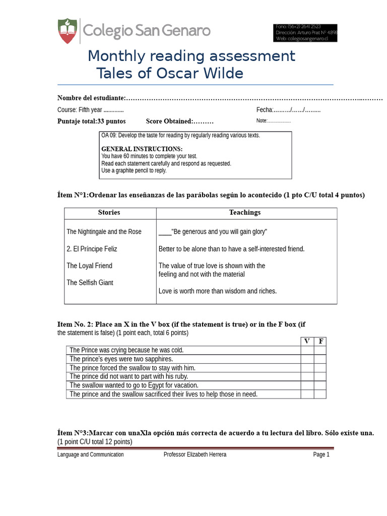 Oscar Wilde Reading Assessment Guide | PDF