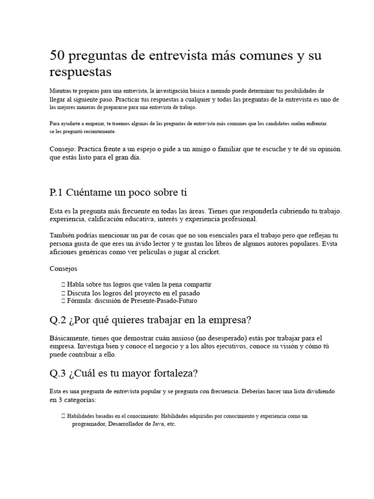 50 Preguntas Frecuentes de Entrevista | PDF | Liderazgo | Creatividad
