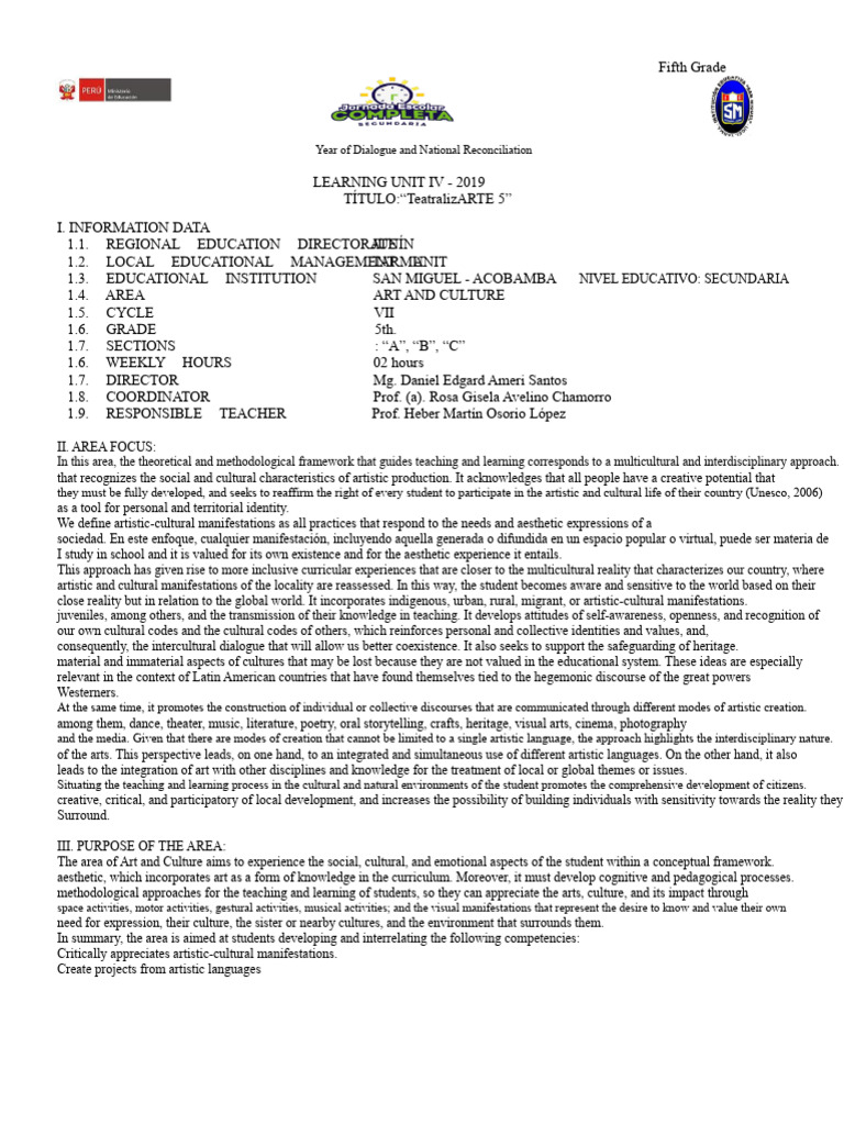 5th Grade Learning Unit Theater | PDF | Information | Creativity