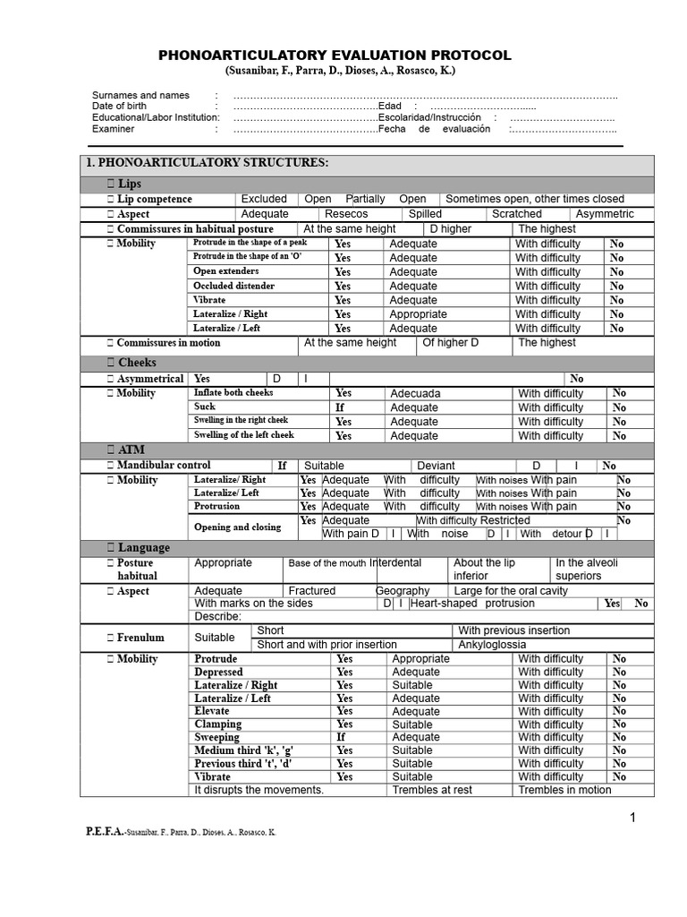 Speech Articulation Evaluation Protocol (P.e.f.a.) | PDF