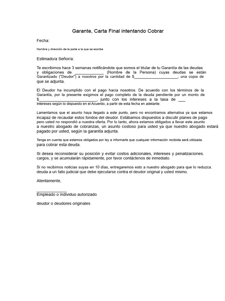 Garante, Carta Final Intentando Cobrar | PDF | Pagos | Deuda