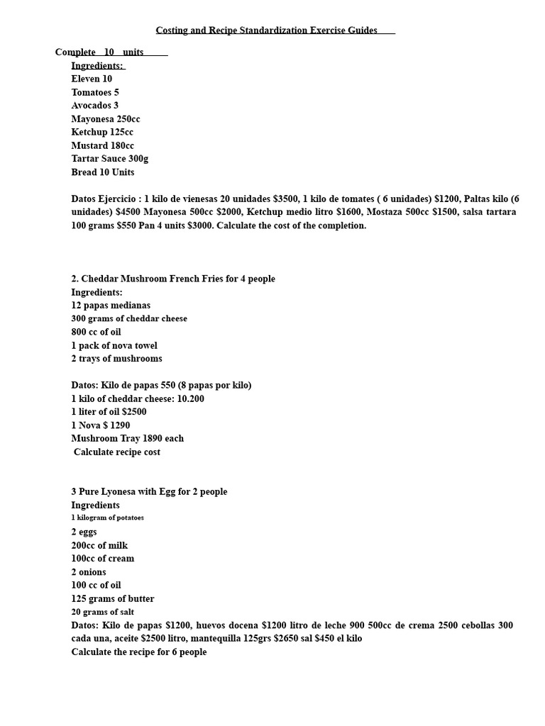Cost and Recipe Standardization Exercise Guides - 9 | PDF | Cakes ...