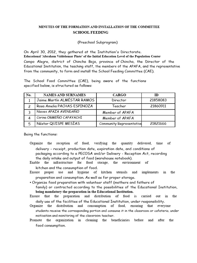 Minutes of The Establishment of The School Food Committee | PDF