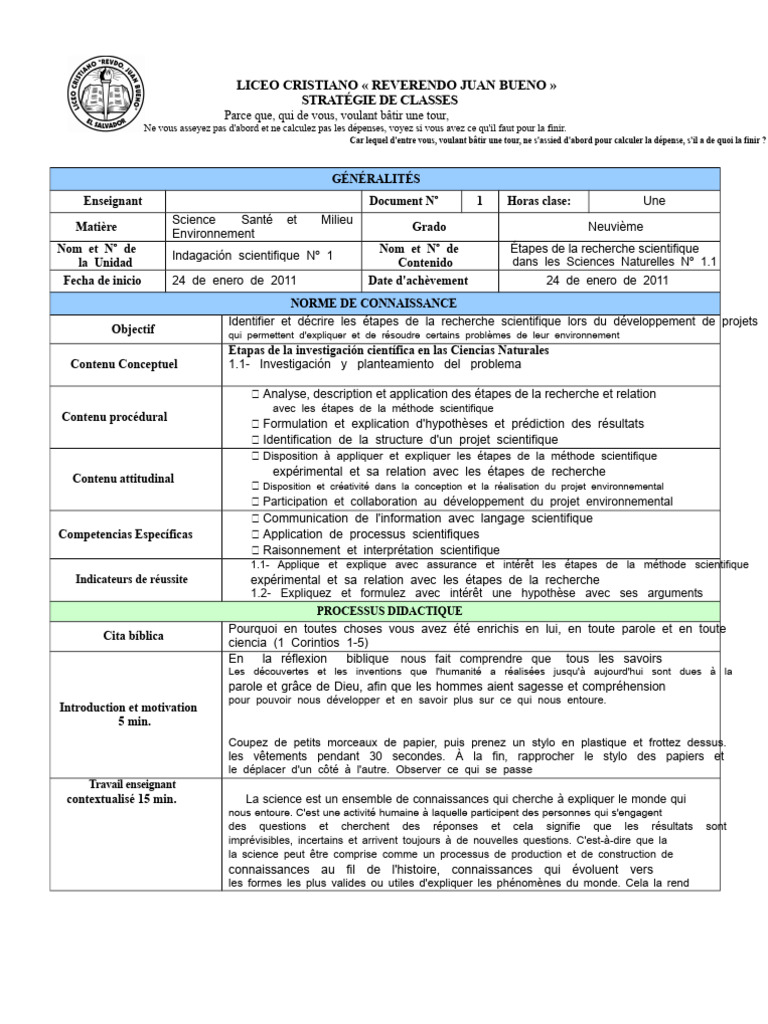 Stratégies de Sciences Unité 1 de Neuvième Année | PDF | Méthode ...