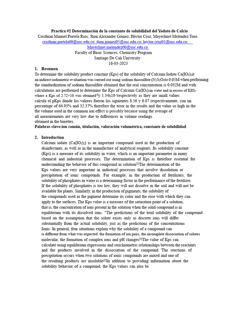 Solubility Constant of Calcium Iodate | PDF | Solubility | Chemical ...
