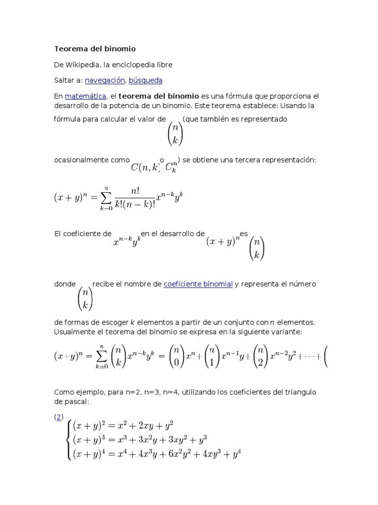 Teorema Del Binomio | PDF | Conceptos matemáticos | Análisis complejo