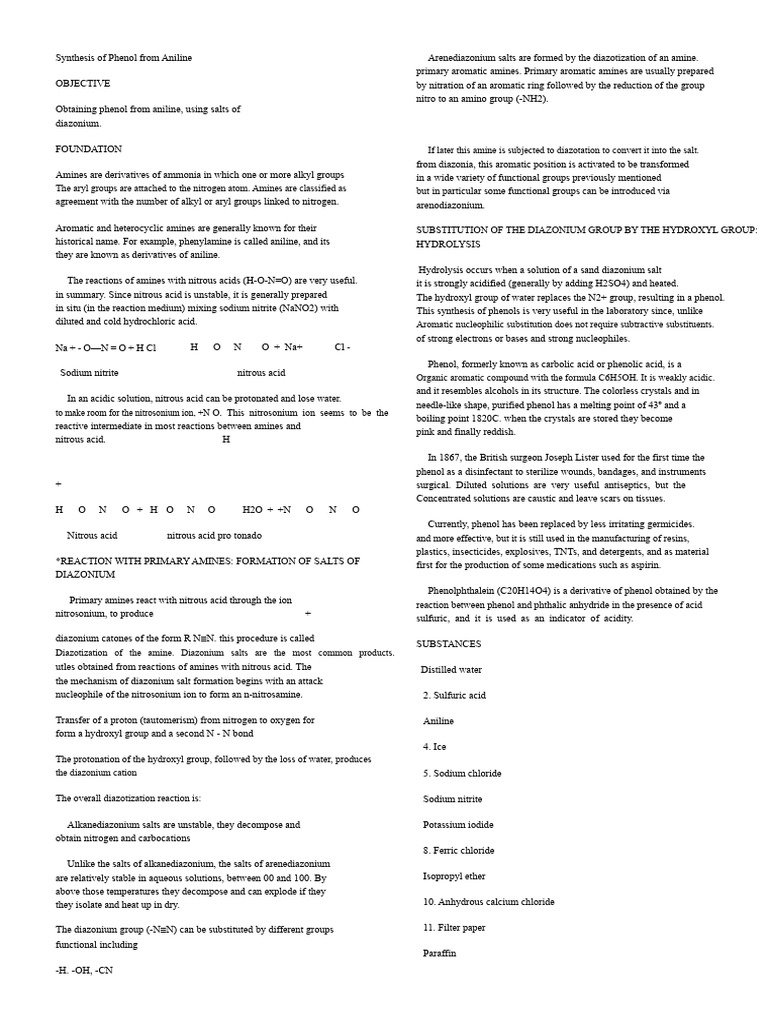 Synthesis of Phenol from Aniline Process | PDF | Amine | Chemical Compounds