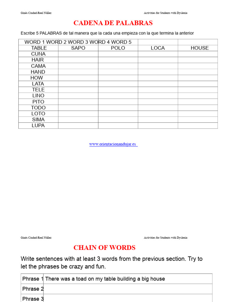 Dyslexia Exercises Word Chain | PDF