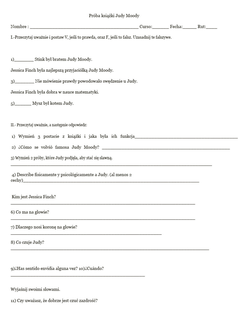Test Czytania Judy Moody | PDF