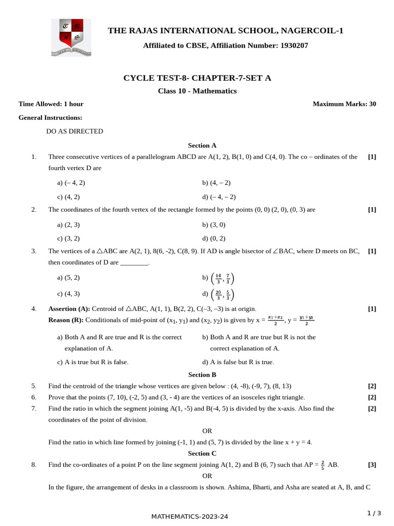 Cycle Test 8 Chap 7 Set A | PDF | Cartesian Coordinate System | Triangle