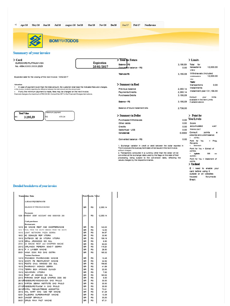 BB Credit Card Invoice 2017 01 | PDF | Credit Card | Payments