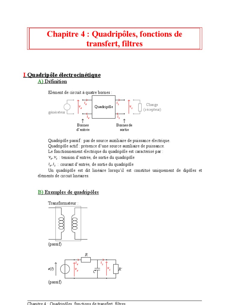 04 Quadripôles, Fonctions de Transfert, Filtres | PDF | Filtre ...