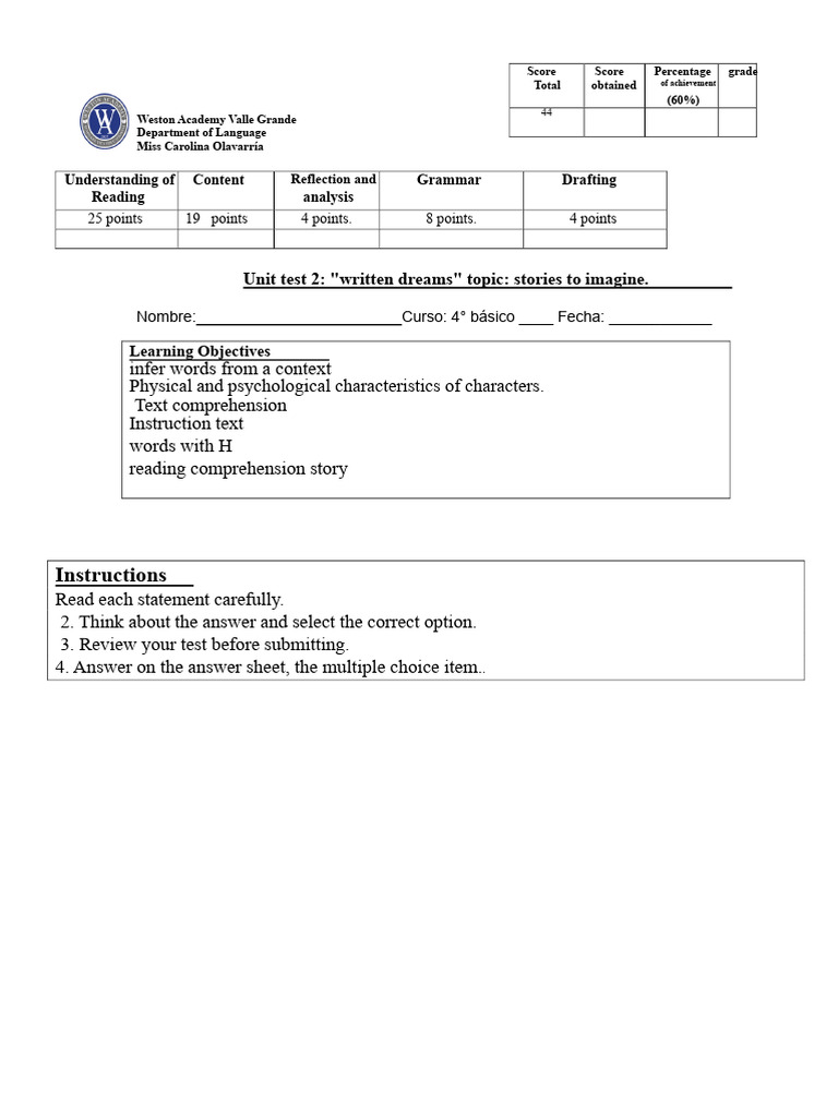 Assessment For Fourth Grade Language and Communication | PDF | Reading ...
