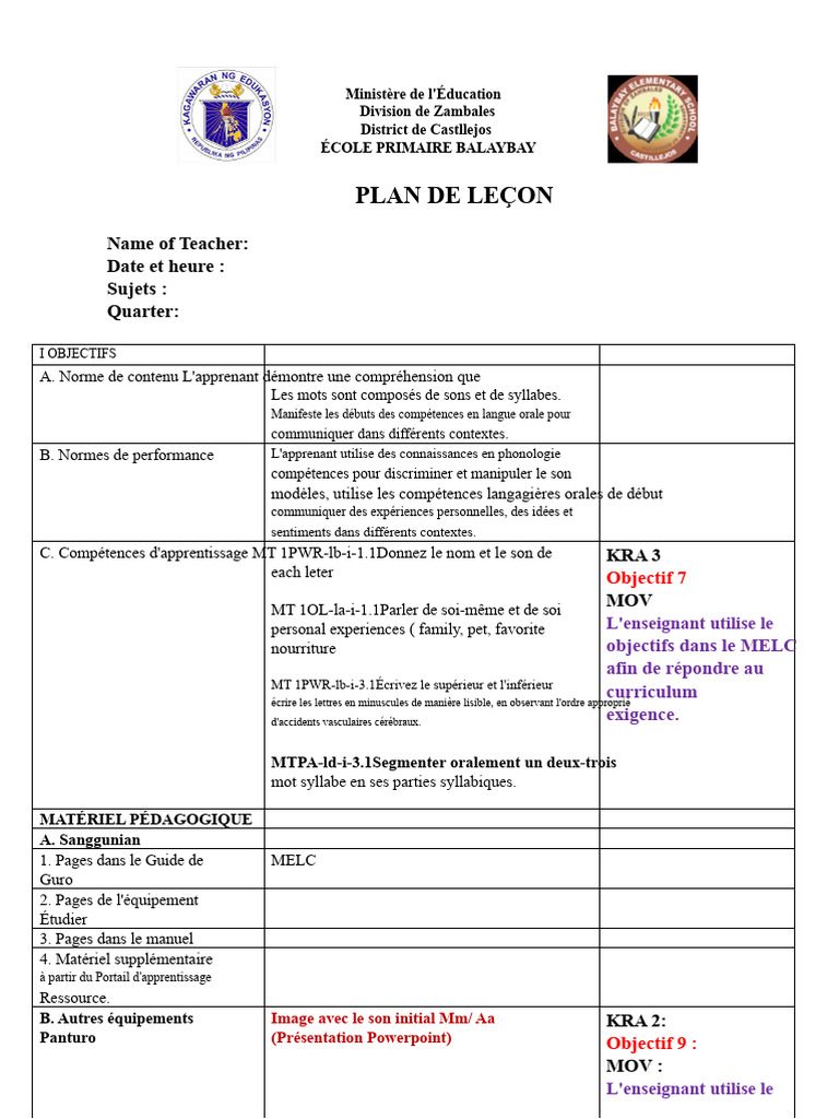Exemple de Plan de Leçon Cot 22 23 | PDF | Apprentissage