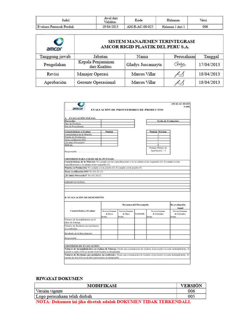 Format Evaluasi Pemasok Produk | PDF