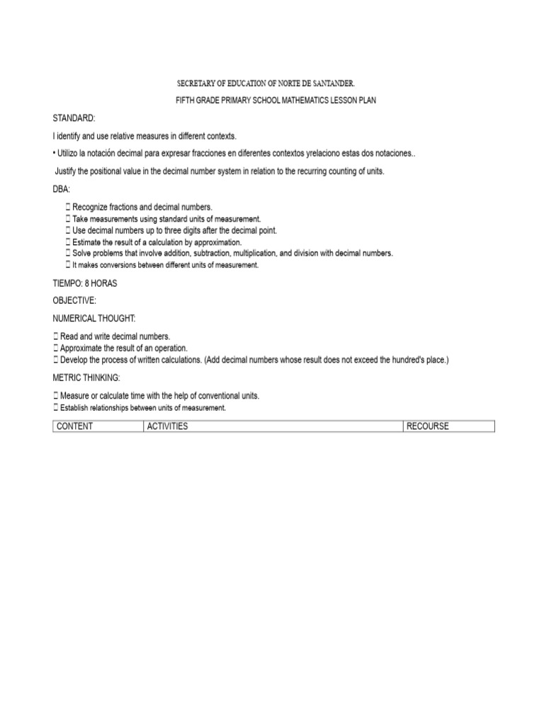 5th grade lesson plan 2017 | PDF | Numbers | Decimal